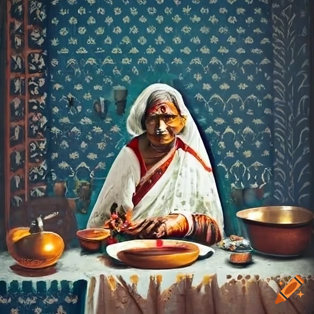 Traditional Indian kitchen with an old woman cooking on Craiyon