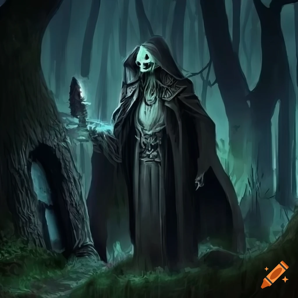 Novice necromancer standing in a dark forest on Craiyon