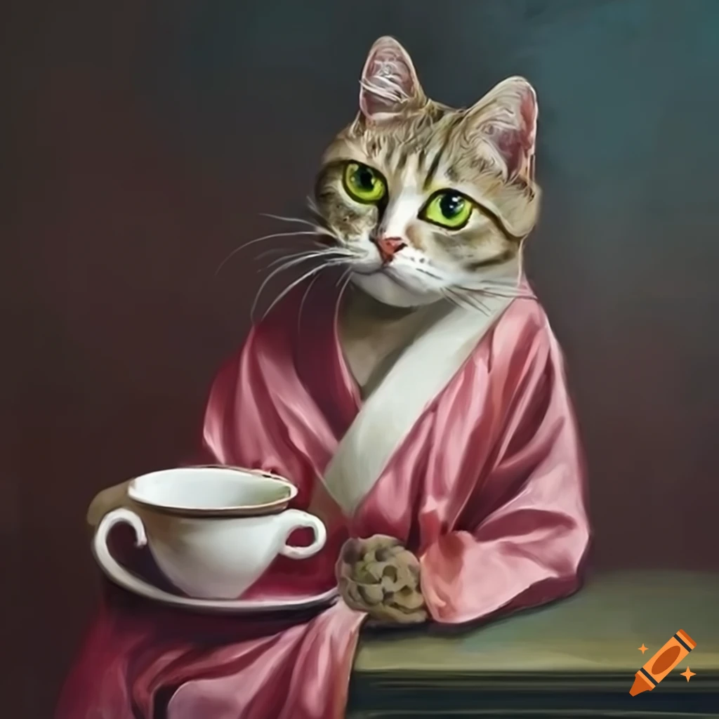 Surreal painting of a cat having tea in silk robes on Craiyon