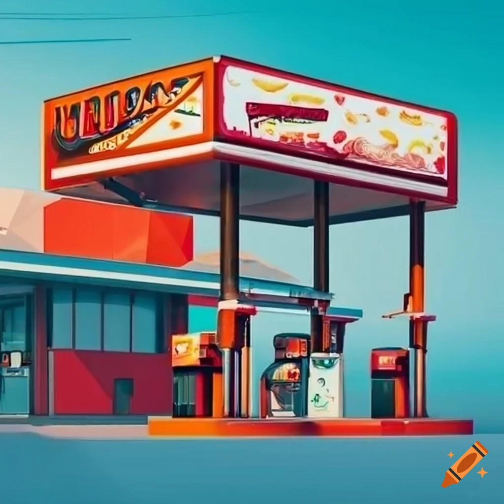 Colorful gas station with attractive signage