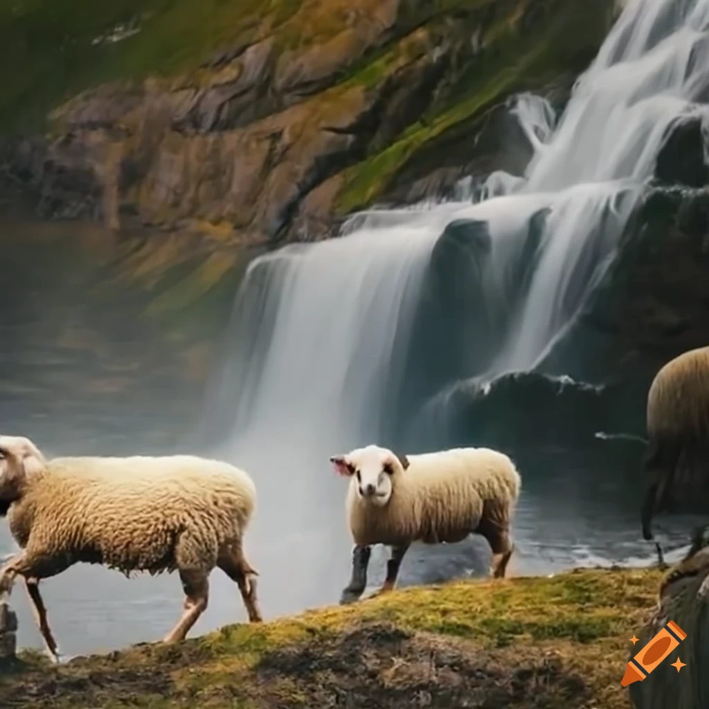 Sheep passing in front of waterfall on Craiyon