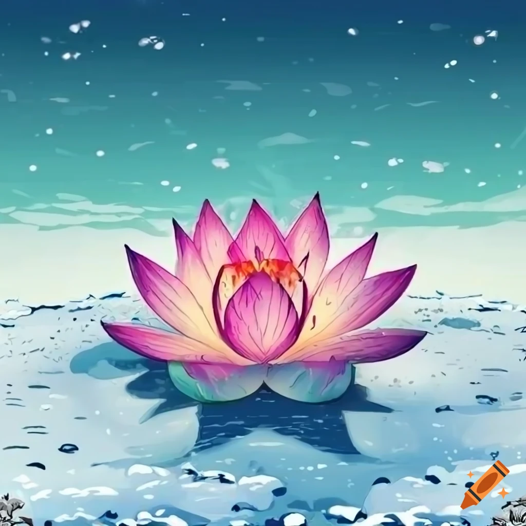 Manga-style illustration of lotus flowers on a snowy lake