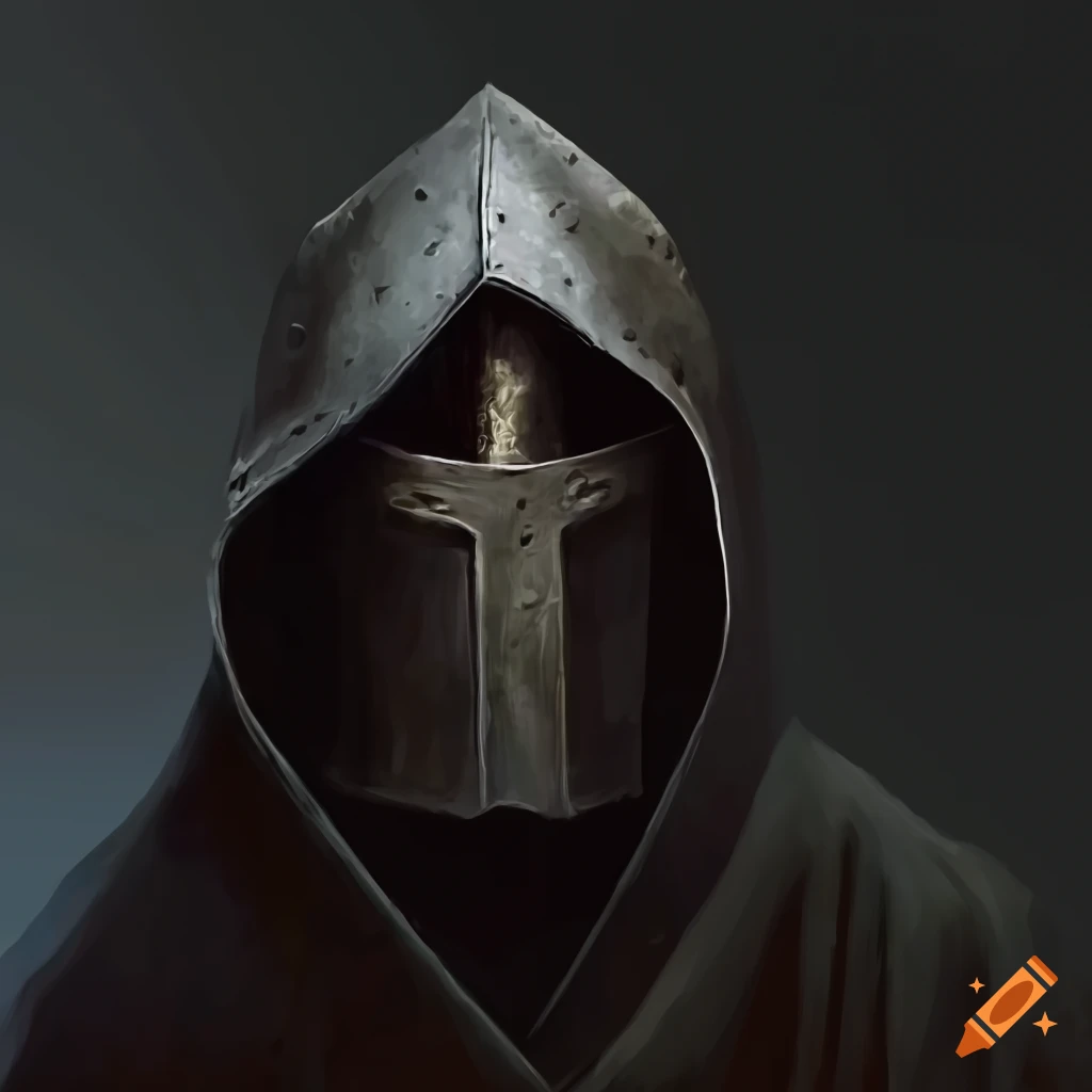 Image of a hooded figure in a templar knight helmet on Craiyon