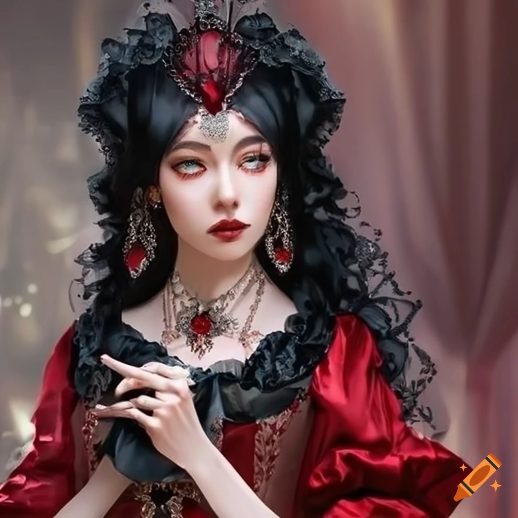 Image of a red-dressed queen with black hair