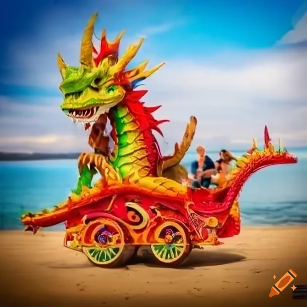 Cartoon dragon riding in a colorful wagon