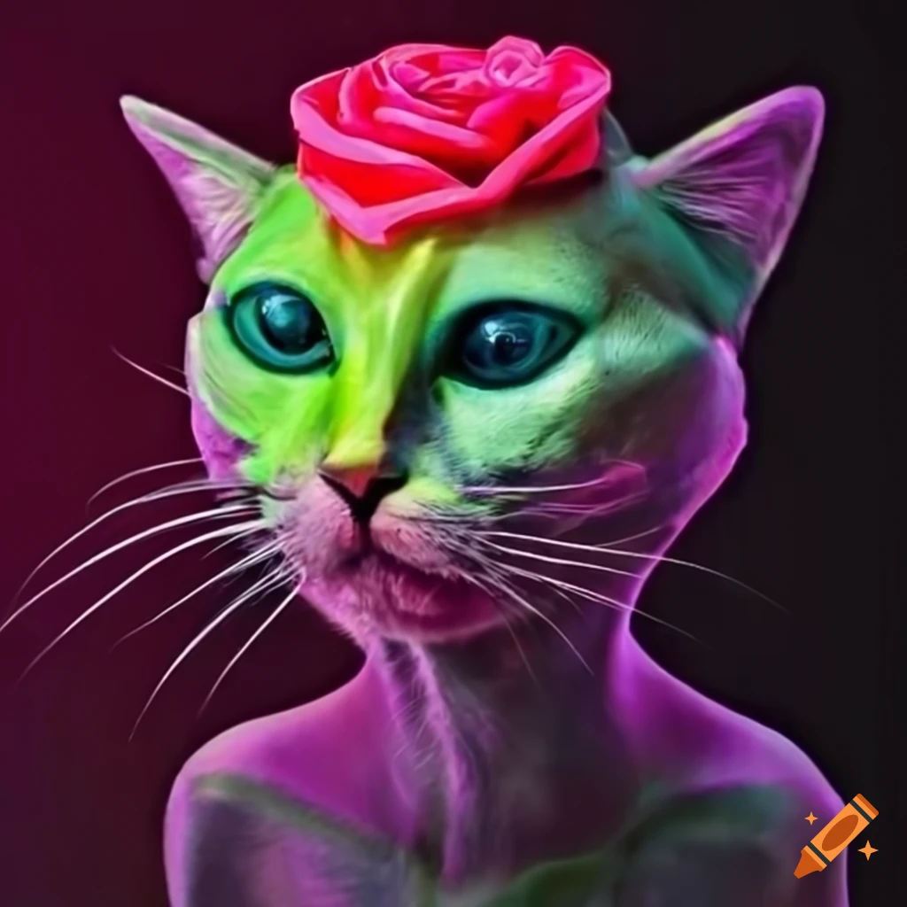 Brightly colored alien cat with a rose-shaped head on Craiyon