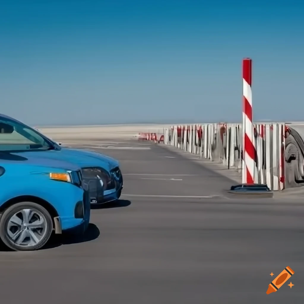 Image of a border checkpoint with a modern vehicle and security guards