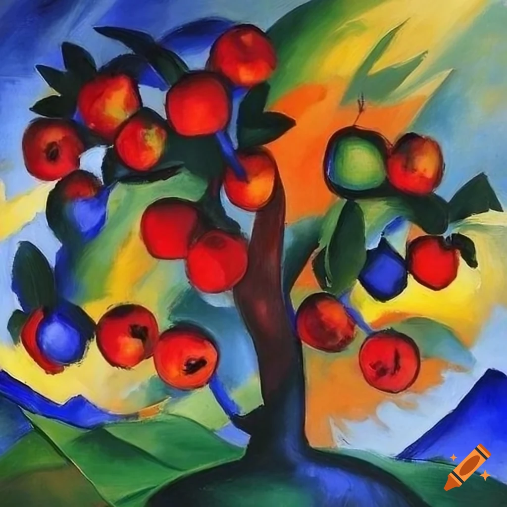Bold oil painting of an apple tree by franz marc
