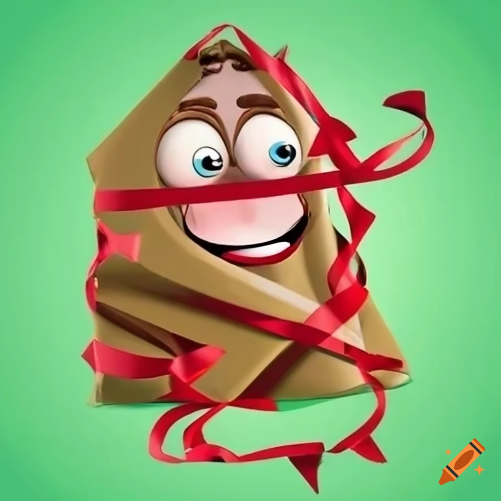Funny cartoon character covered in wrapping paper and ribbons