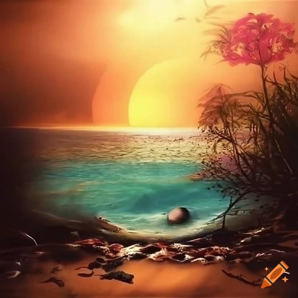 Surreal beach with crazy seashells, waves, and fantastic clouds on Craiyon