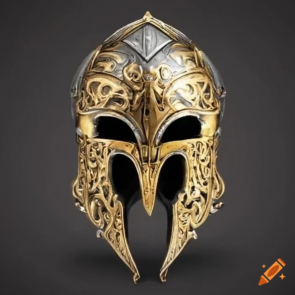 Intricate mythic gilded steel helmet