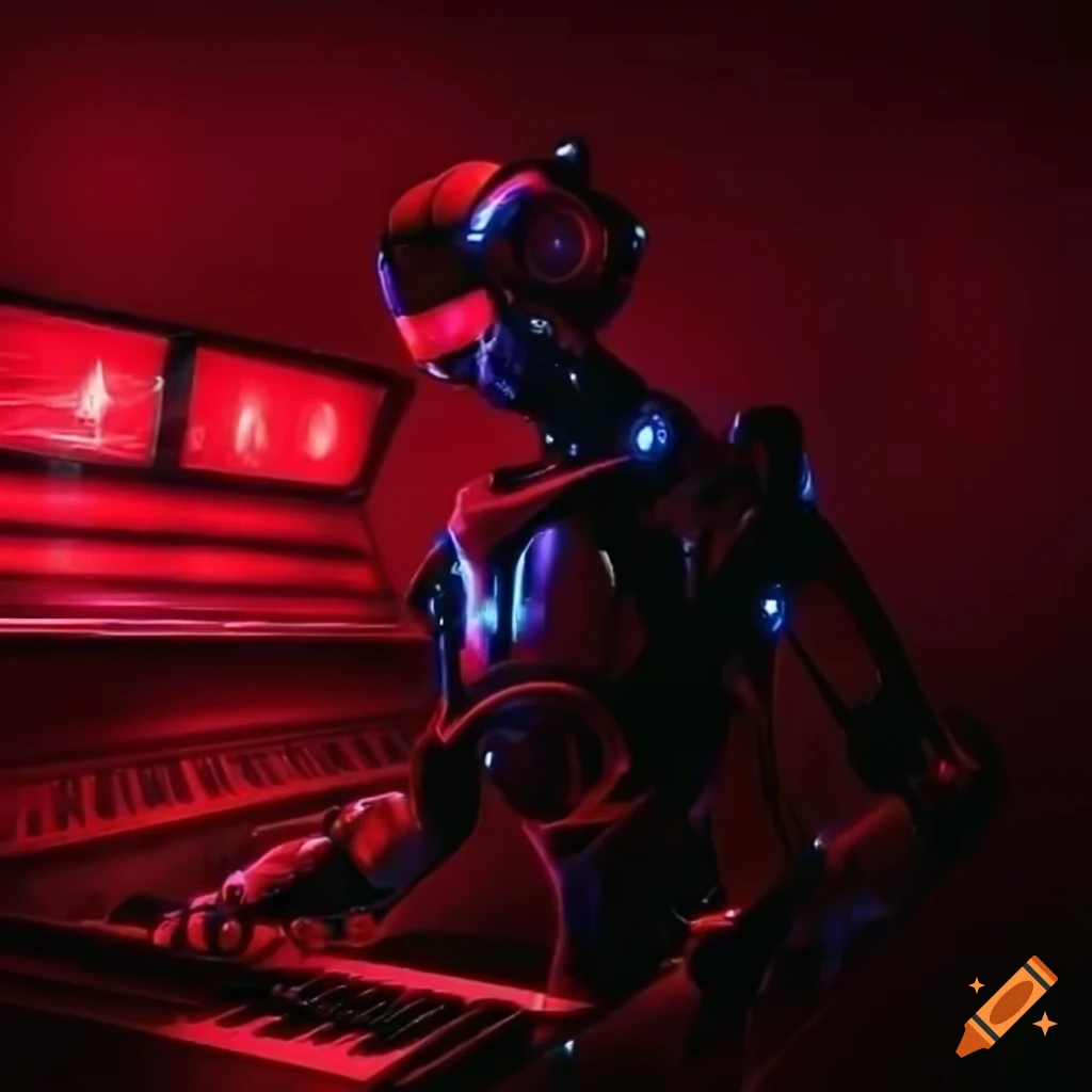 Cyber robot playing piano in a dark room on Craiyon