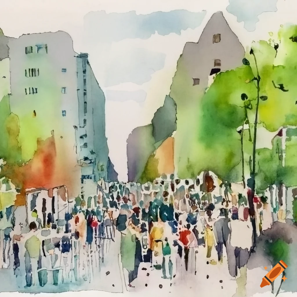 Watercolor of bustling future city with greenery