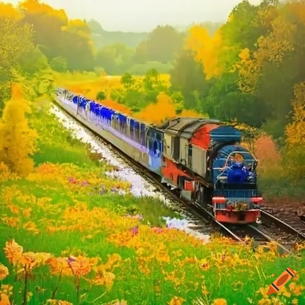 Train passing through a colorful flower field