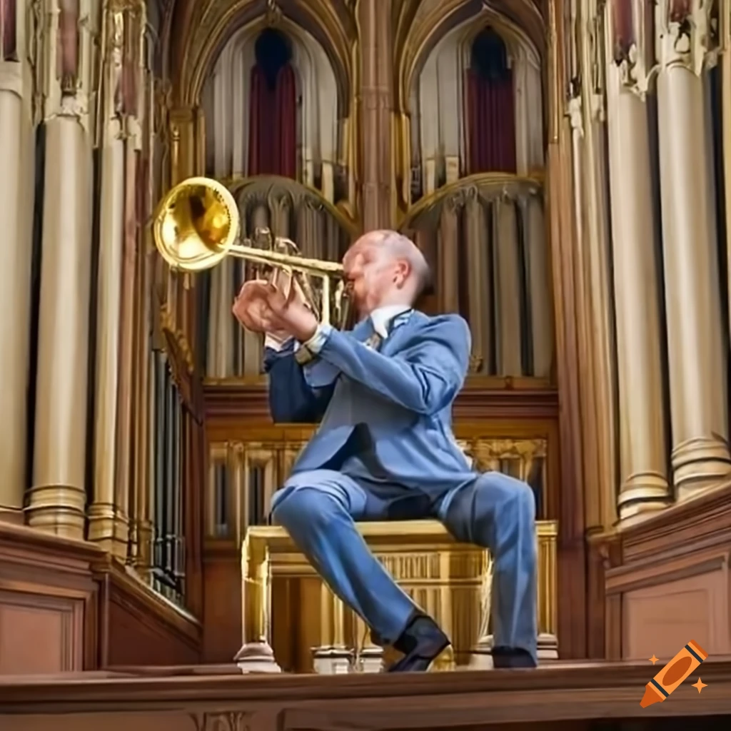 Man playing trumpet on church organ