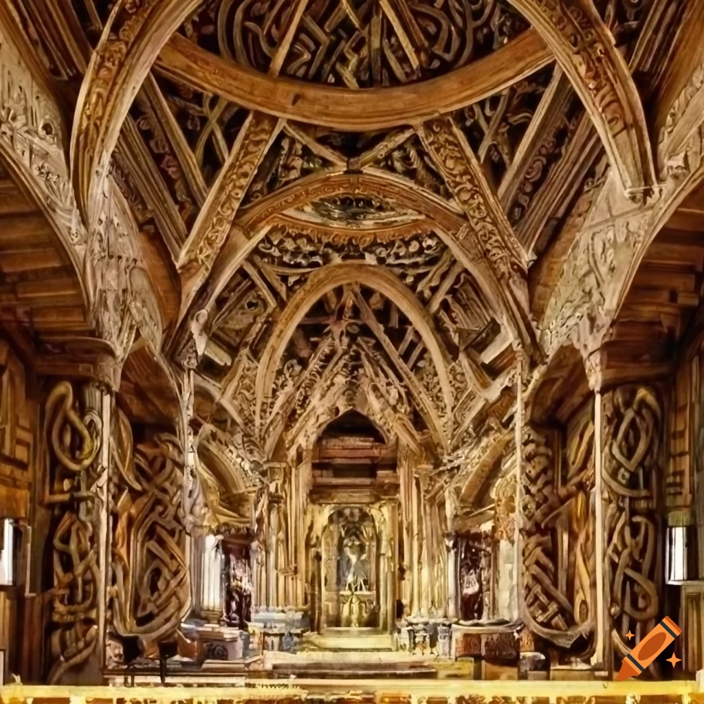 Intricate celtic decoration in a great hall on Craiyon