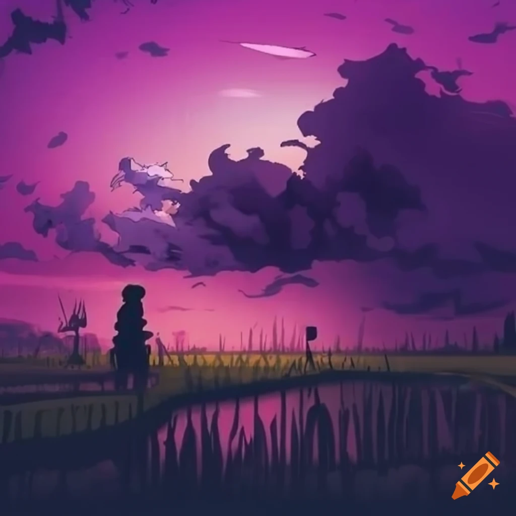 Anime-style illustration of black and purple sky over rice fields on ...