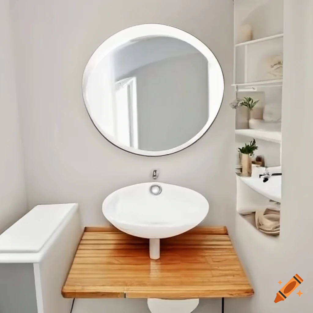 Top view of a bathroom with a circular sink and mirror