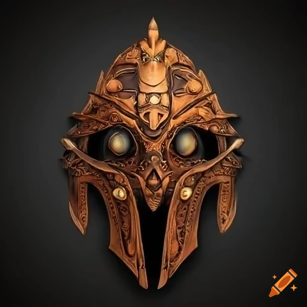 Leather helm with intricate symmetrical design on Craiyon