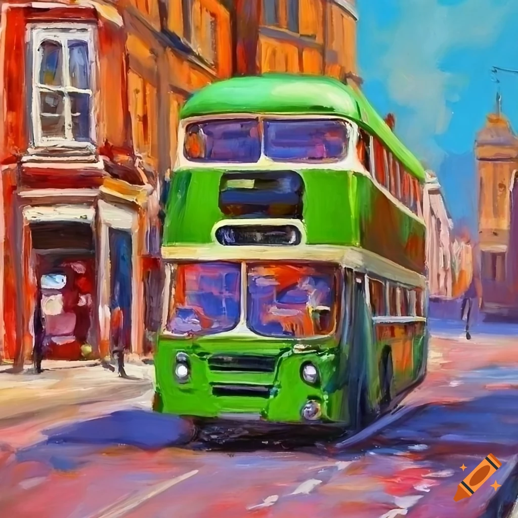 Oil painting of a colorful bus on a busy street on Craiyon