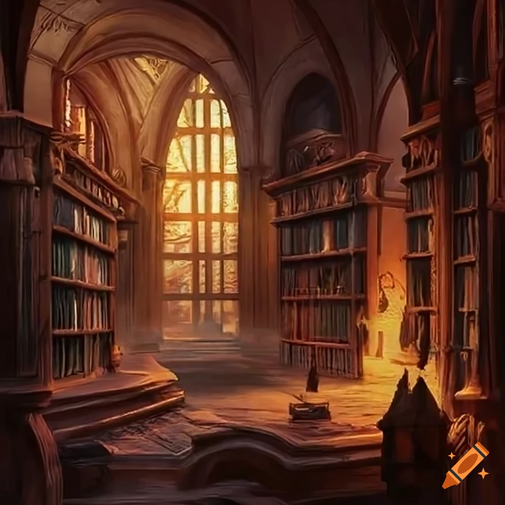 Dusk in a mystical library on Craiyon