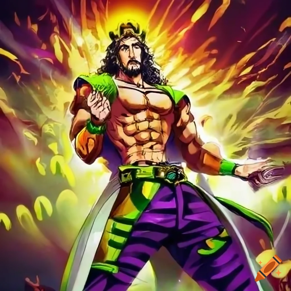 Concept art of jesus portrayed as dio brando from jjba