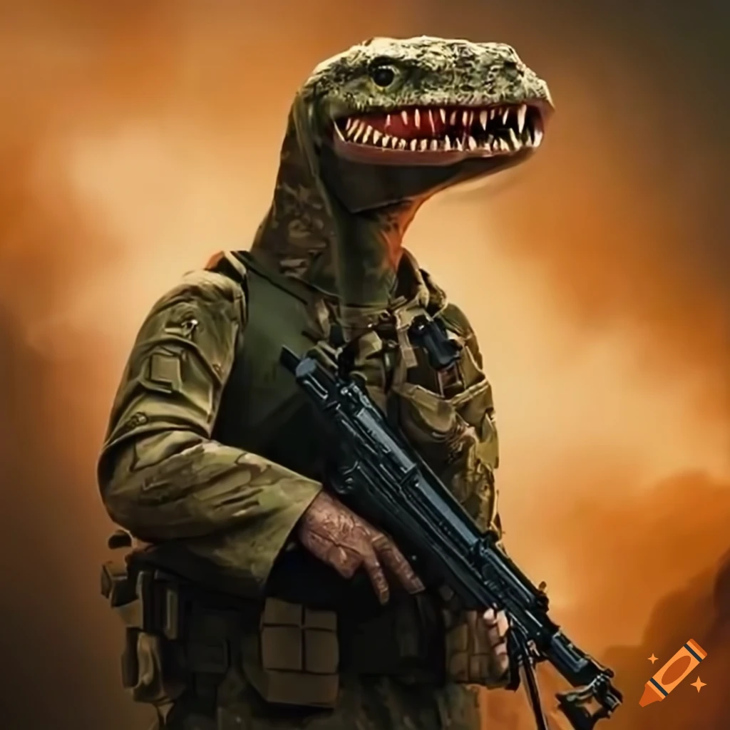 Soldier with velociraptor head and assault rifle
