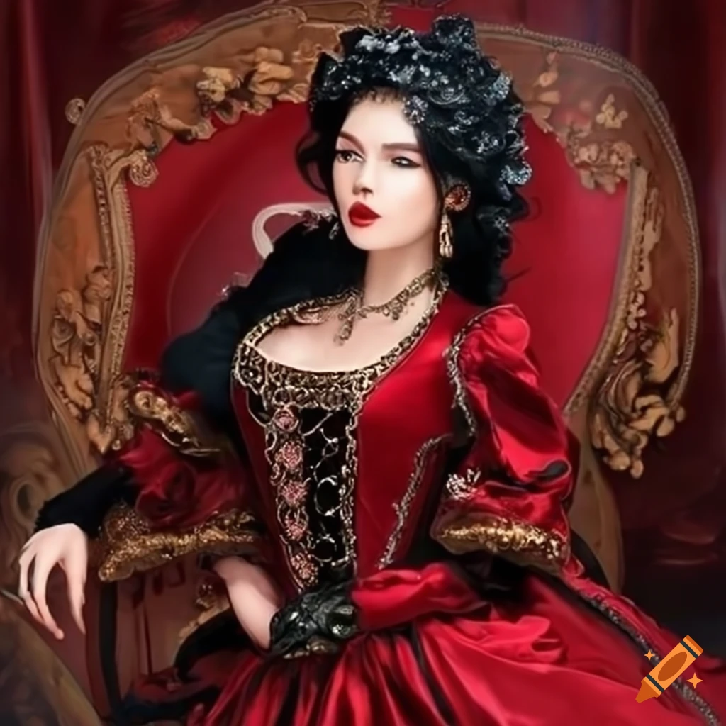 Image of a fantasy queen in a red rococo dress on Craiyon