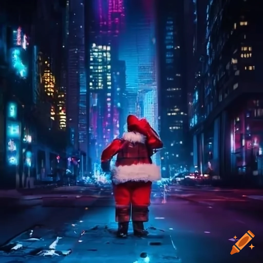 Sad santa claus in a neon city