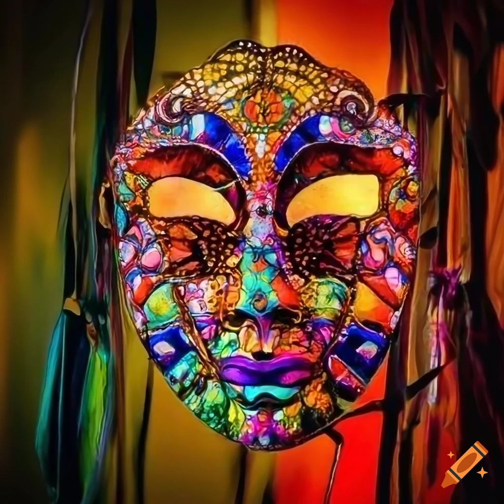 Colorful modernistic mask with a stained glass butterfly beneath on Craiyon
