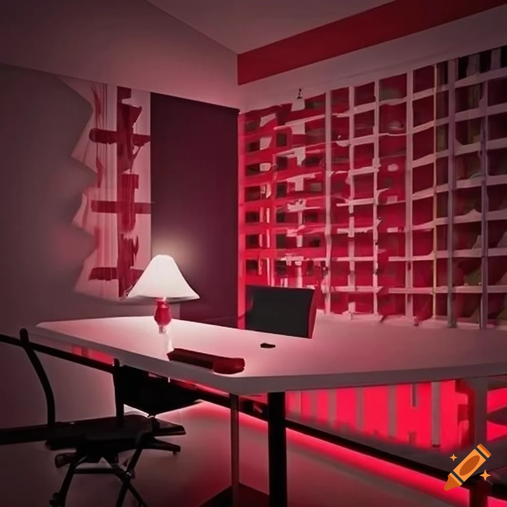 Office interior with white and red accents on Craiyon