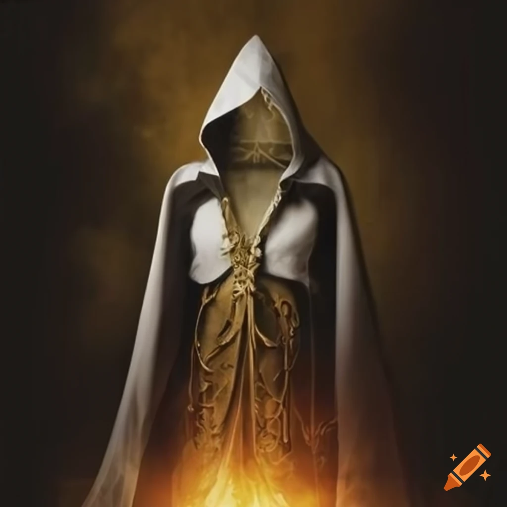 Golden white alchemist cloak with floating ornaments on Craiyon