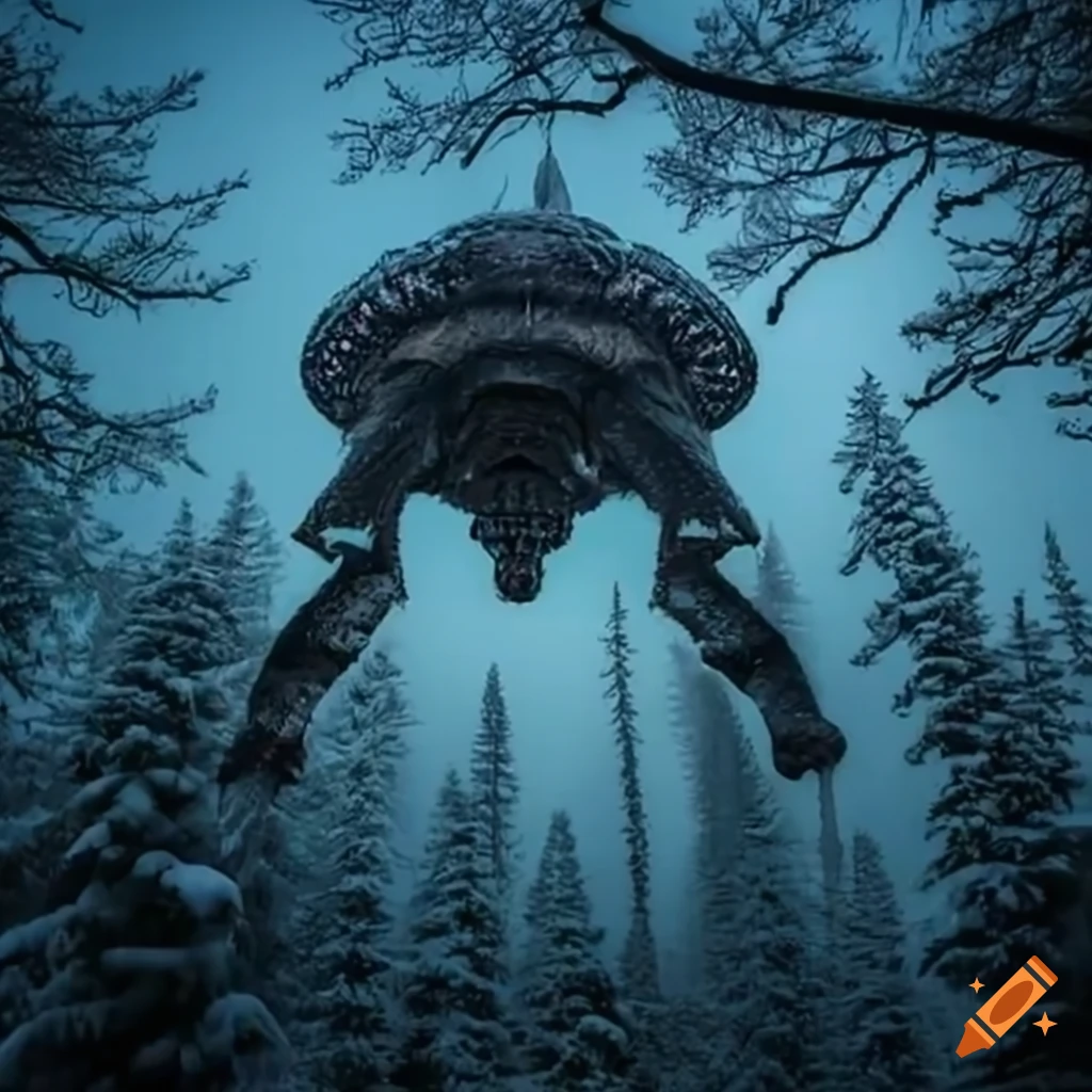 Alien mothership above snowy forest