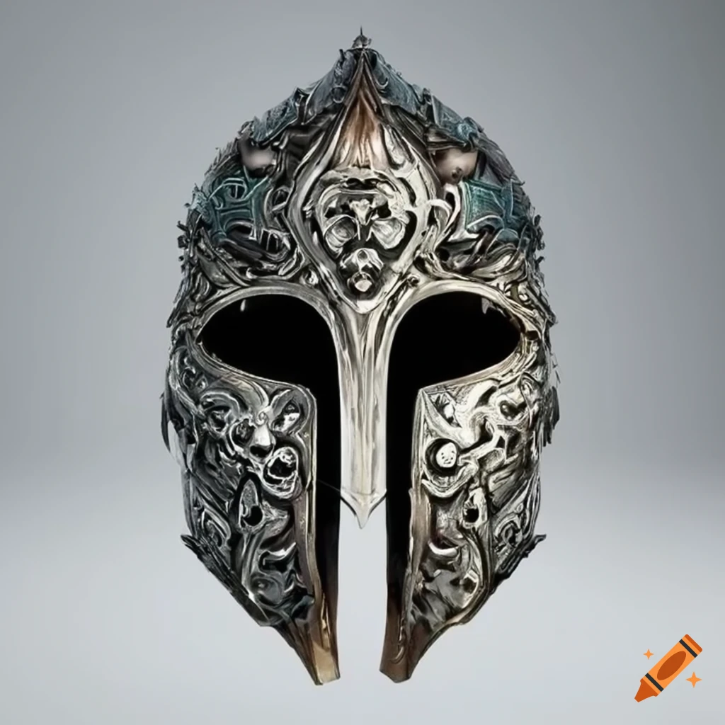 Intricate steel helmet with symmetrical design on Craiyon