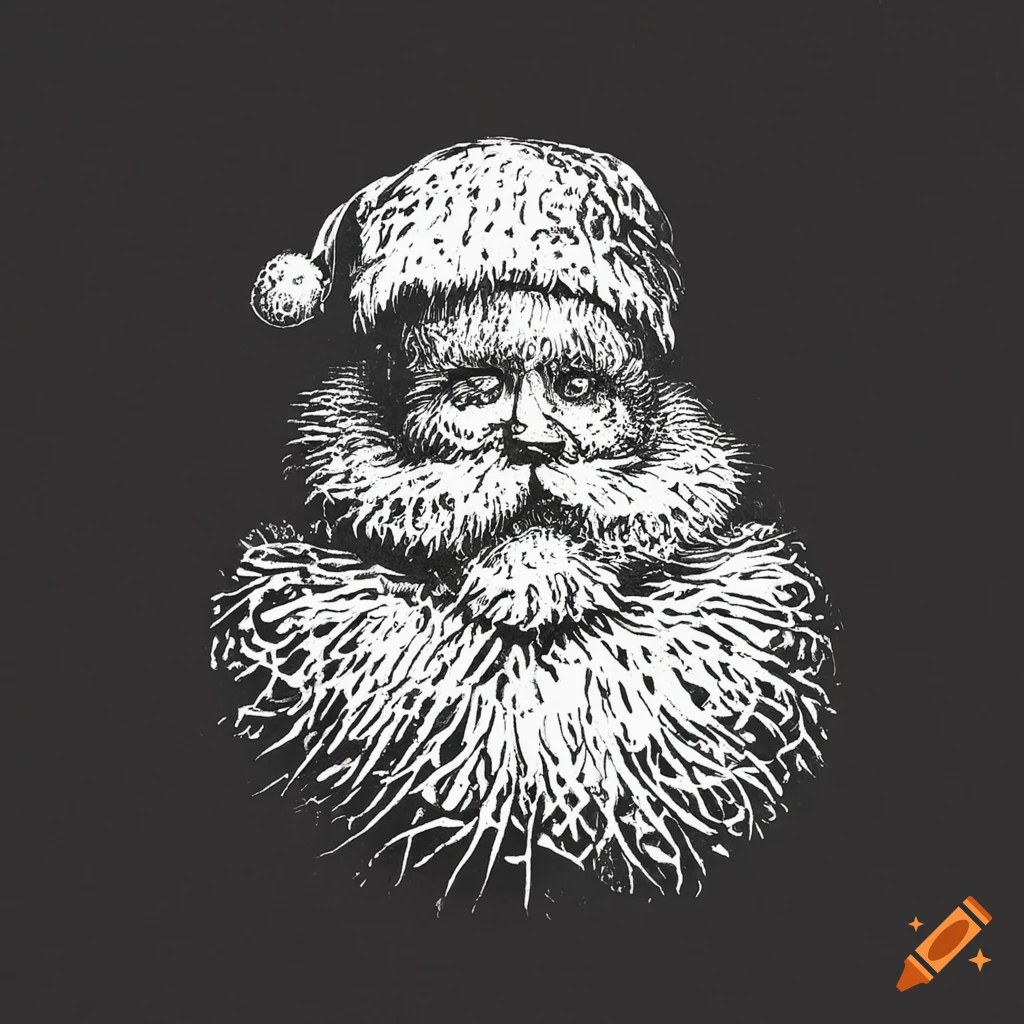 Black and white etching of Santa Claus in the forest on Craiyon