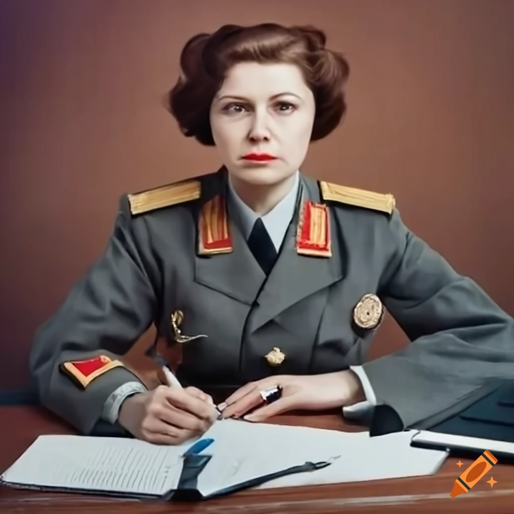 Portrait of a serious female judge in military uniform on Craiyon