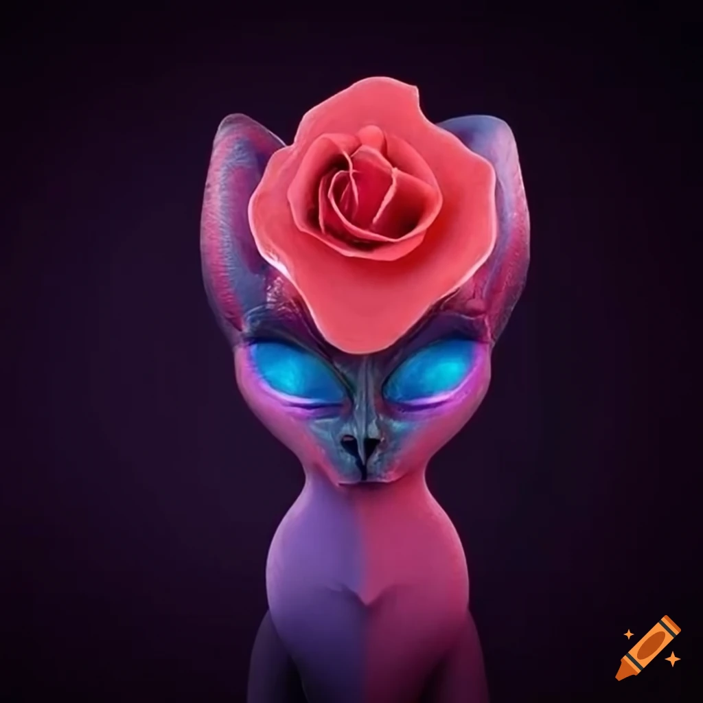 Colorful alien-like cat with a rose-shaped head