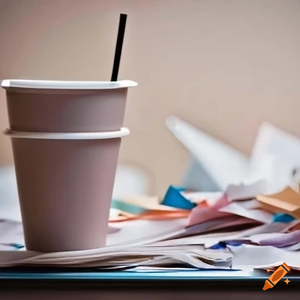 Disposable cup and paperwork on a messy desk on Craiyon