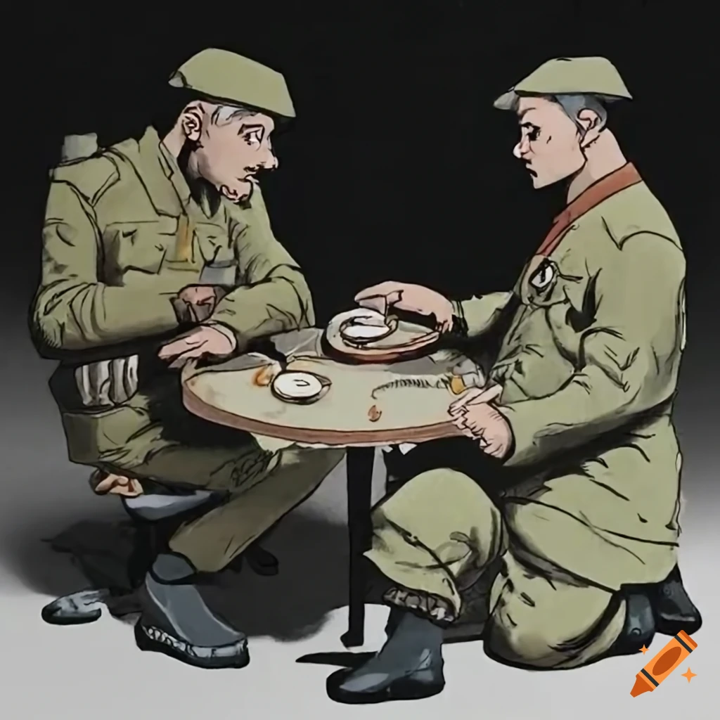 Cartoon of soldiers sharing meal in war on Craiyon