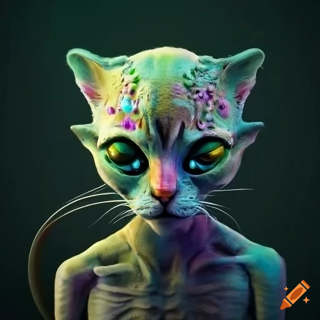Image of a unique wrinkled alien cat with a flower head on Craiyon