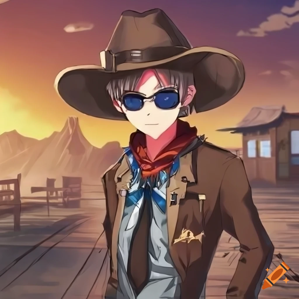 Anime boy in a cowboy outfit in a wild west town