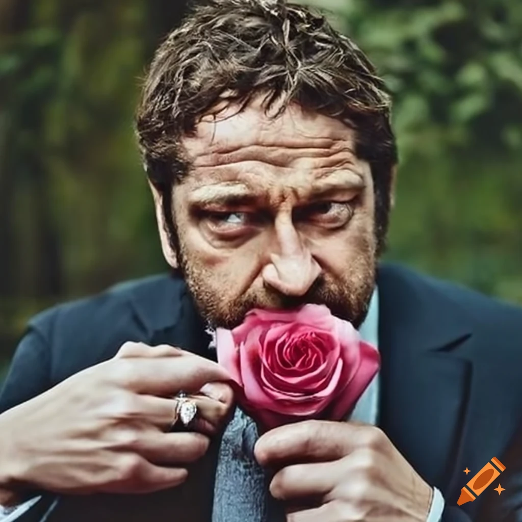 Gerard butler smelling roses on Craiyon