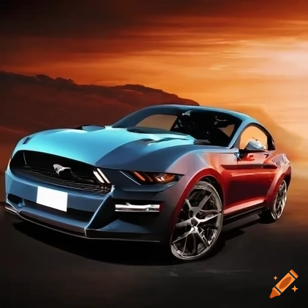 Ford mustang driving on a road near a gas station on Craiyon