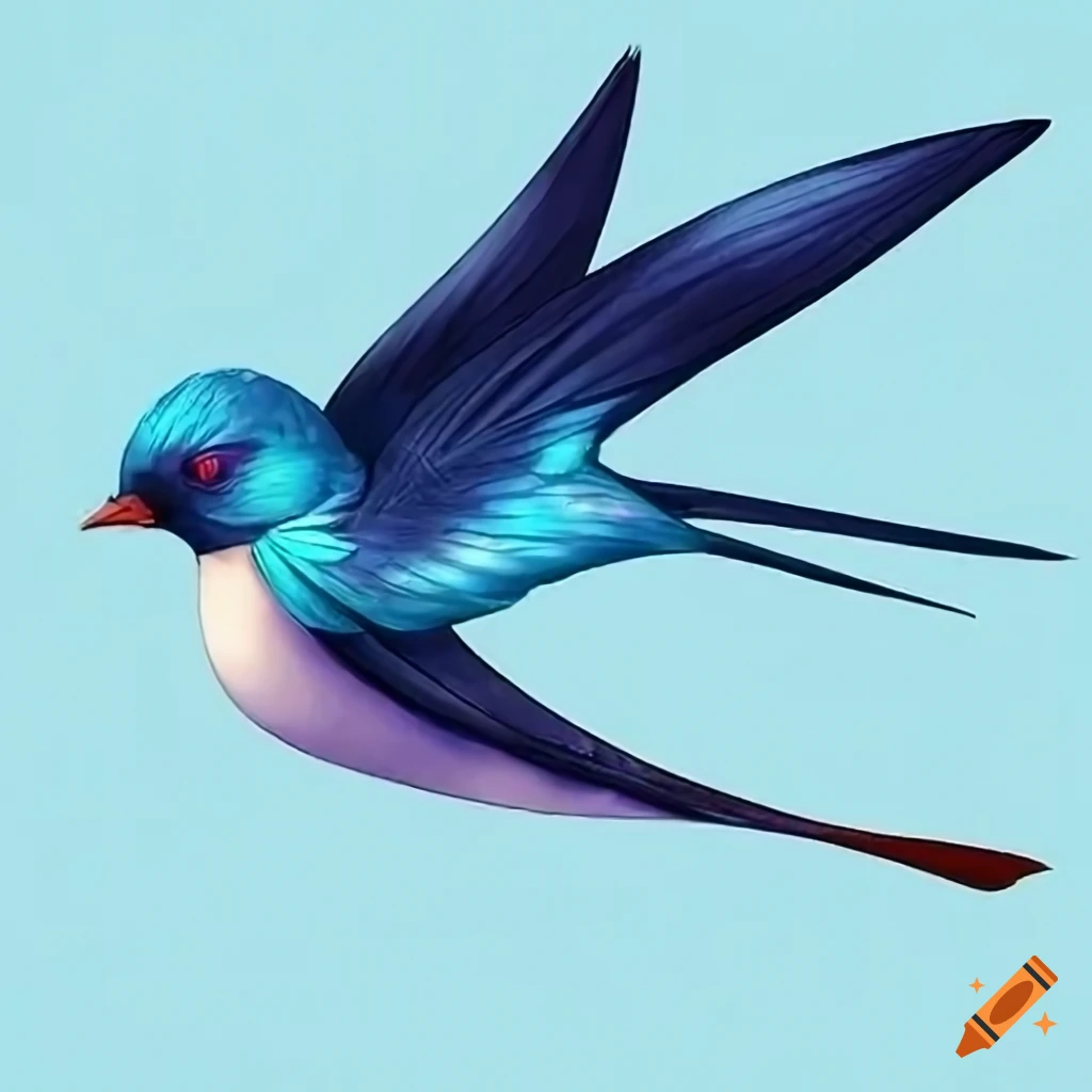 Anime style depiction of a colorful swallow bird in a snowy storm