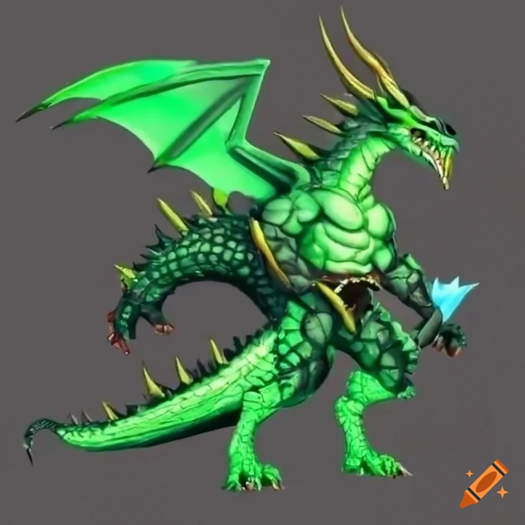 Detailed illustration of a muscular green dragon on Craiyon