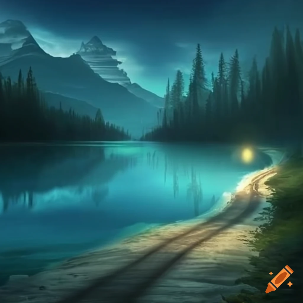 A fantasy road by a lake