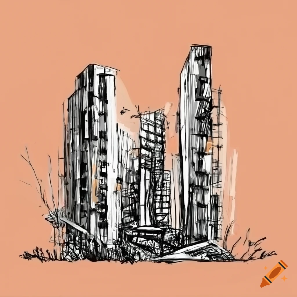 Falling buildings sketch with trees in black and white on Craiyon