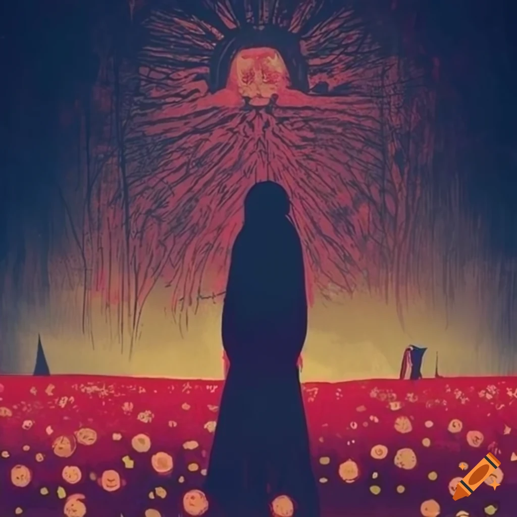Retro horror movie poster with anime characters in a flower field on ...