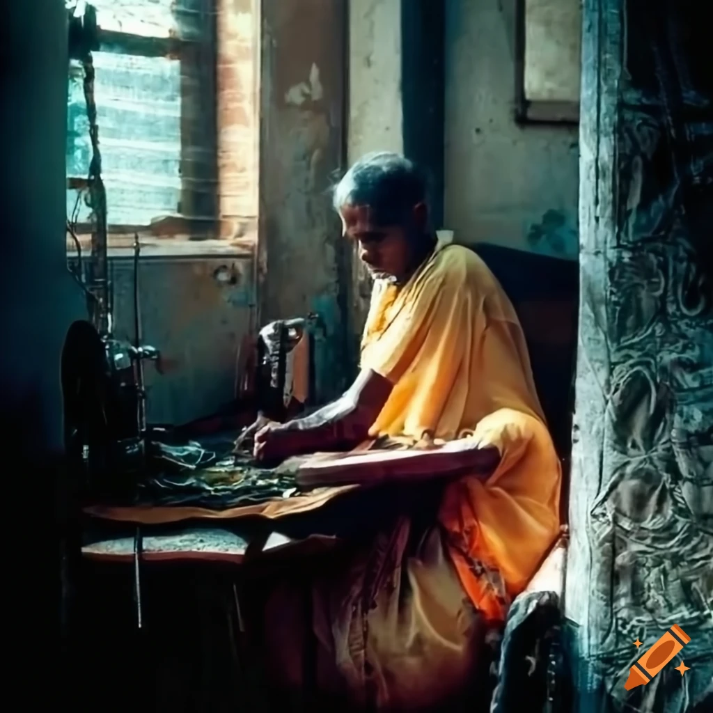 Man stitching a saree on a sewing machine in Mumbai on Craiyon