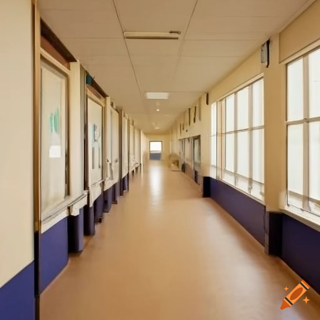 Interior of a school corridor with classrooms and a central hall on Craiyon